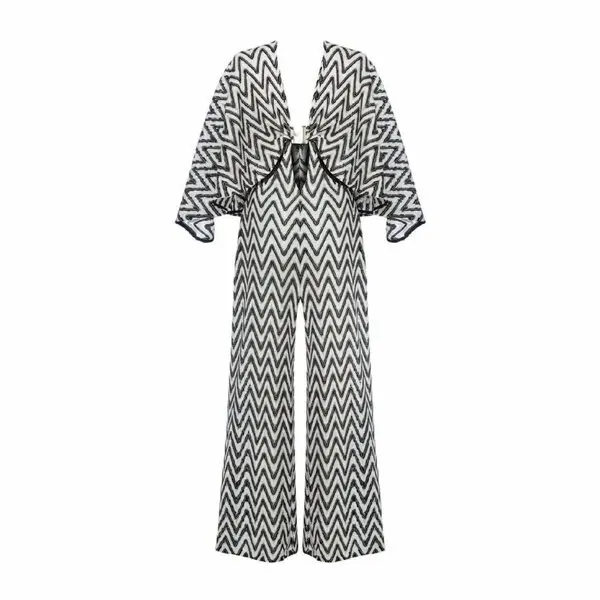 WOMEN & WOMEN Knitted Textured Maxi Jumpsuit With Cut-out Detail - Black/white
