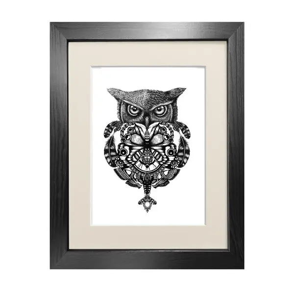 EMILY CARTER The Owl & Pocket Watch' Fine Art Print A4 - Black
