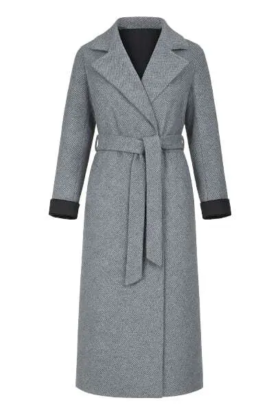 CONQUISTA Woven Melange Wool Winter Coat With Shawl Collar And Belt