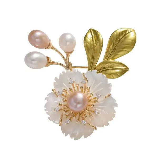 ANGEL BAROCCO Freshwater Pearl Floral Brooch - Brown/gray/white/yellow
