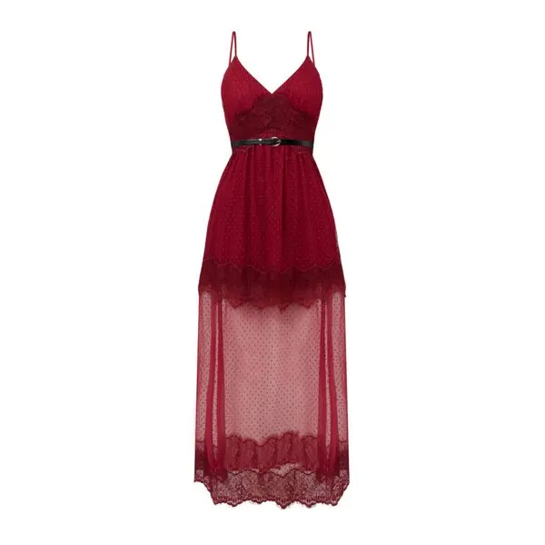 SOUR FIGS Sheer Dotted Lace Layered Maxi Dress - Red