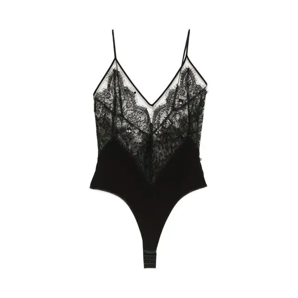 NISSA Floral-lace V-neck Tulle Bodysuit