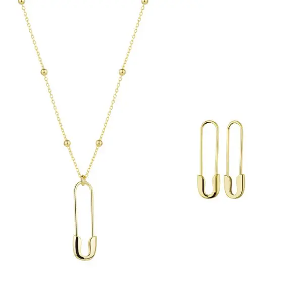 SPERO LONDON Sterling Silver Safety Pin Necklace & Earring Set - Gold