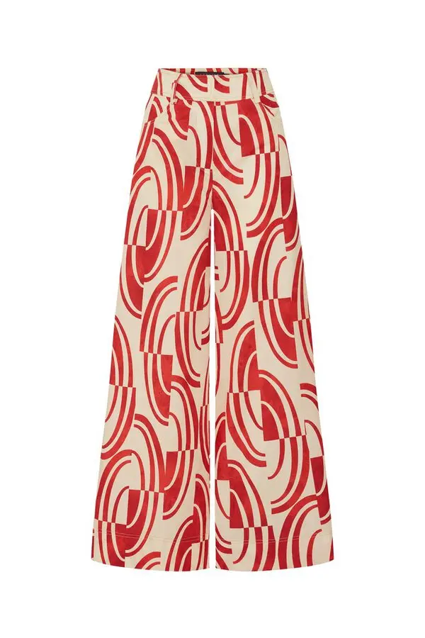 EXQUISE Abstract Print Cotton Wide Leg Pants