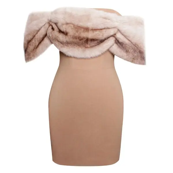 MISS CIRCLE NEW YORK Nadira Off Shoulder Mini Dress With Faux Fur Trim - Brown