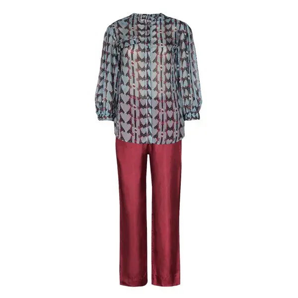 MAISON QALA Bird Print Organza Set - Blue/red