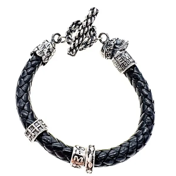 GEM KINGDOM Black / Silver Rebel Rebel Leather Bracelet - Black/silver