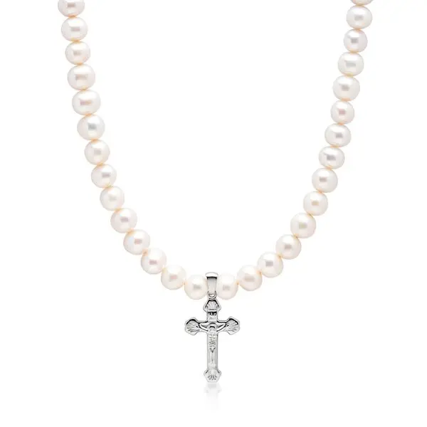 NIALAYA JEWELRY Pearl Necklace With Cross Pendant - White/silver