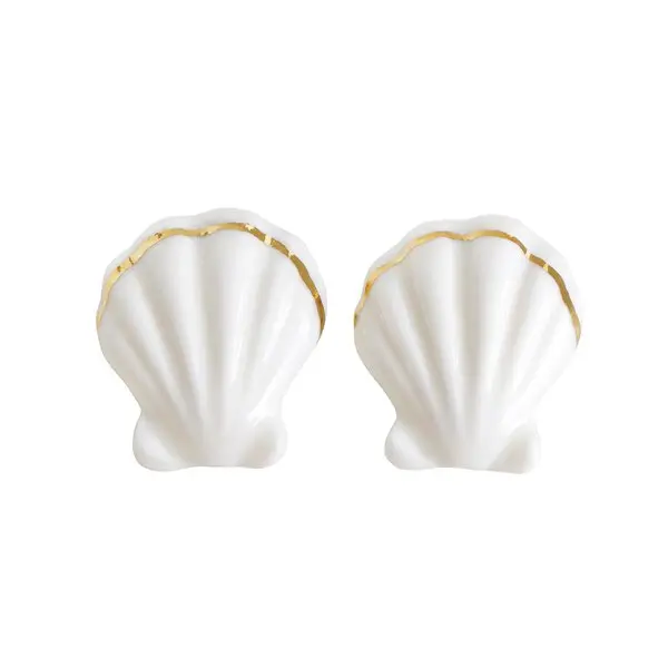 POPORCELAIN Gold Porcelain Clam Shell Clip-on Earrings - Gold/white