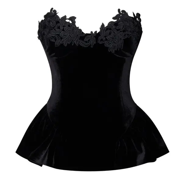 MISS CIRCLE NEW YORK Velvet Peplum Top With Lace Trim - Black