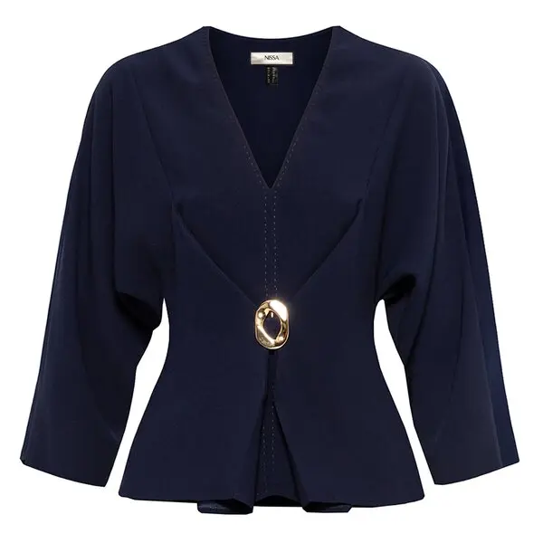 NISSA V-neck Crepe Top - Blue