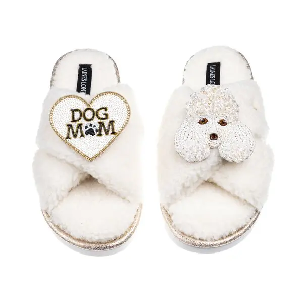 LAINES LONDON Boucle Slippers With Brooches - White