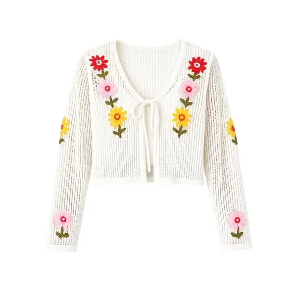 YUMI Neutrals Ivory Crochet Embroidered Flower Bolero - White