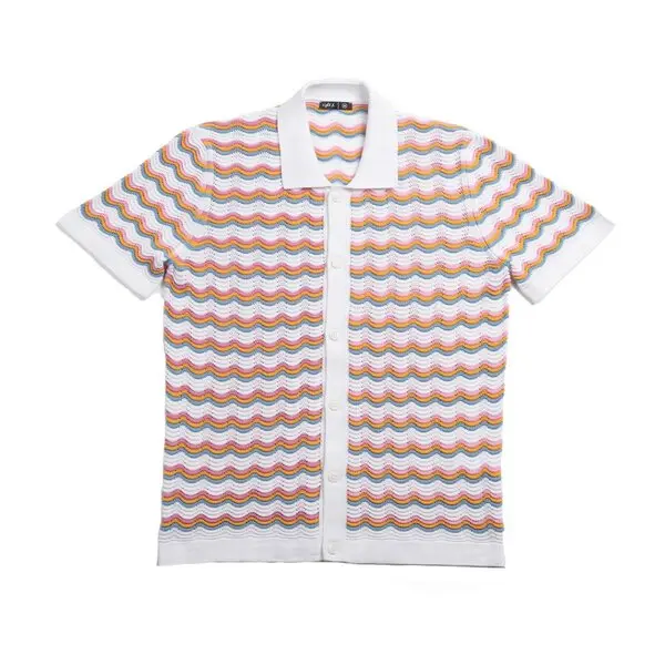 EIGHT X White / Pink The Ripple Crochet Short Sleeve Button Up Shirt White - White/pink