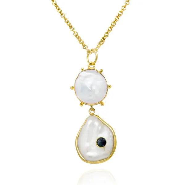VINTOUCH ITALY 18k Gold Plated Sterling Silver Statement Pearl And Sapphire Necklace - Gold/blue/white