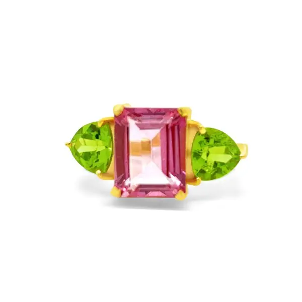 GEM BAZAAR JEWELLERY The Lottie Ring With Pink Topaz And Peridot - Pink/gold/green