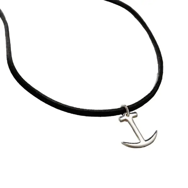 POSH TOTTY DESIGNS Sterling Silver Anchor Charm Leather Necklace - Black/silver