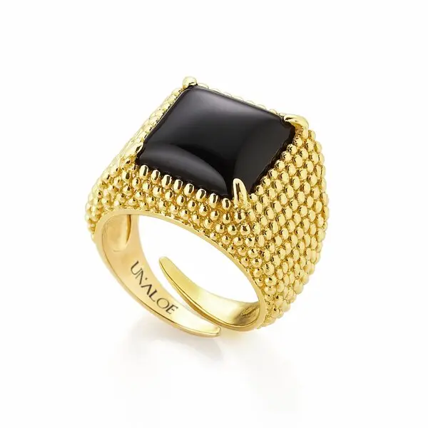 UNALOE Gold Plated Silver Ring With Onyx - Gold/black