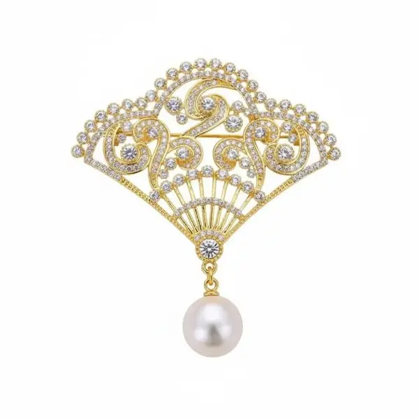 ANGEL BAROCCO Freshwater Pearl Fan Brooch With Zircon - Gold