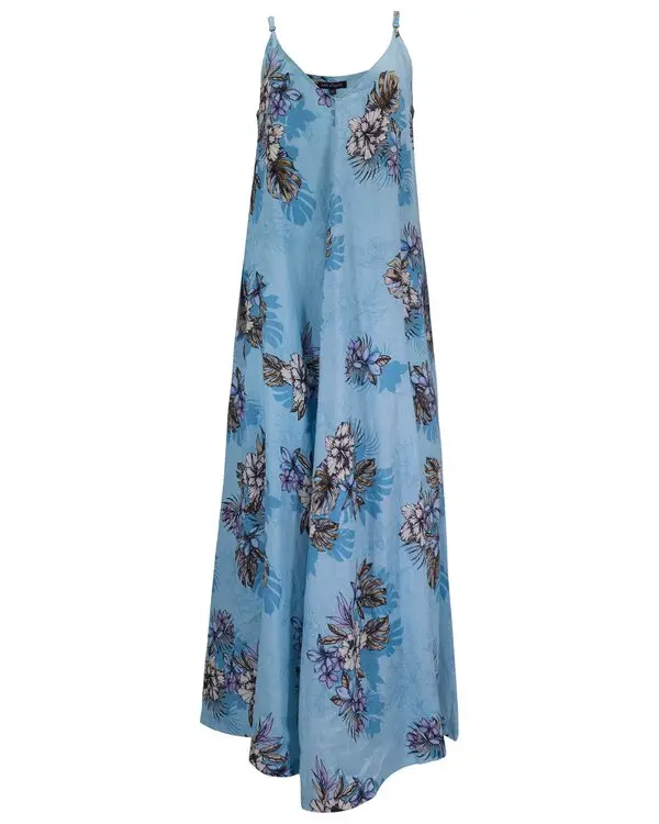 LORDS OF HARLECH Dora Exotic Floral Linen Dress - Blue