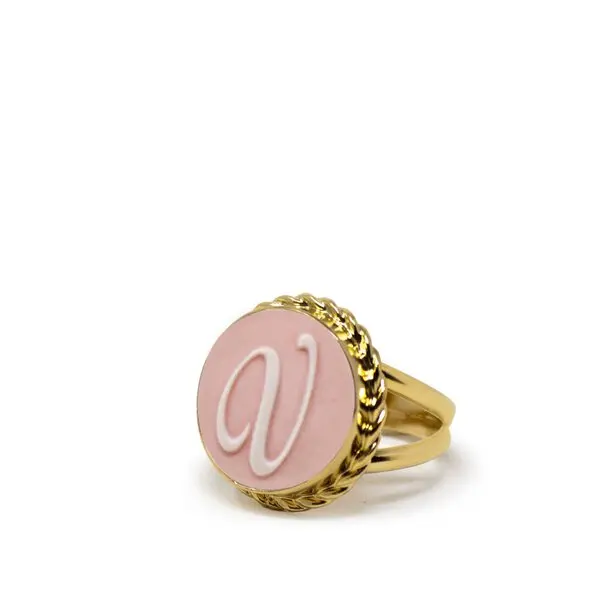 VINTOUCH ITALY Gold Vermeil Pink Cameo Initial Ring - Gold/pink