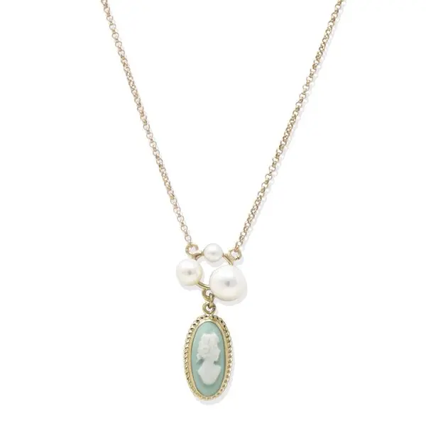 VINTOUCH ITALY Gold-plated Porcelain Cameo And Pearl Necklace - Green/white/gold