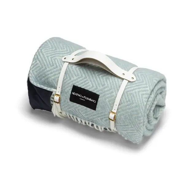 HEATING & PLUMBING LONDON Pure New Wool Picnic Blanket Lollypop Duck Egg Short White Leather Strap - Blue