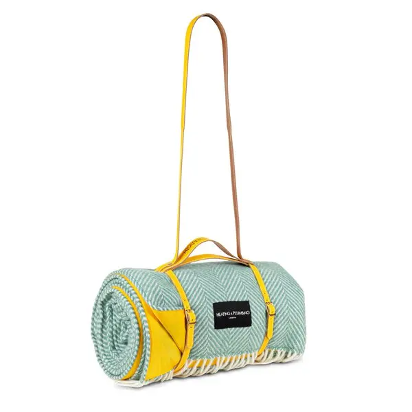 HEATING & PLUMBING LONDON Pure New Wool Waterproof Picnic Blanket Mint & Yellow - Green