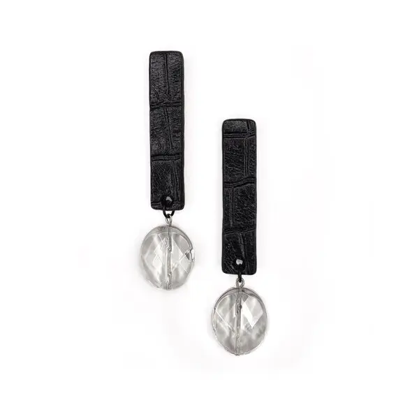 WAIWAI Clear Quartz And Alligator-textured Leather Drop Earrings - Black