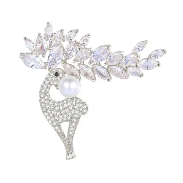 CLASSICHARMS Pavé & Pearl Reindeer Brooch Necklace Set - Silver