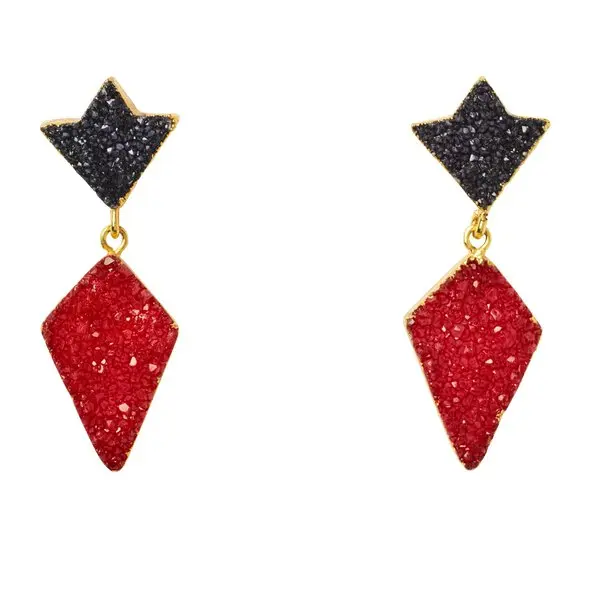 YAA YAA LONDON Druzy Dangle Earrings - Gold/black/red