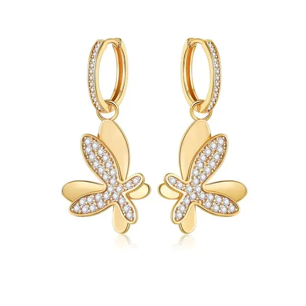 CLASSICHARMS Pavé Diamond Butterfly Dangle Drop Hoop Earrings - Gold
