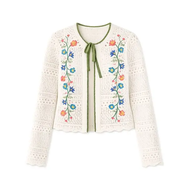 YUMI Neutrals Ivory Crochet Knitted Tie Front Cardigan With Floral Embroidery - White