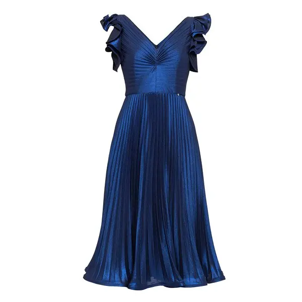 NISSA Pleated V-neck Midi Dress - Blue