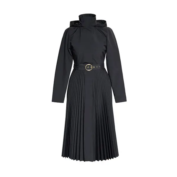 RAINSISTERS A-line Pleated Skirt Coat With Detachable Hood And Belt - Black