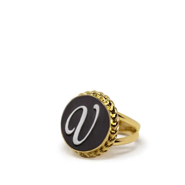 VINTOUCH ITALY Initial Cameo Signet Ring - Gold/black