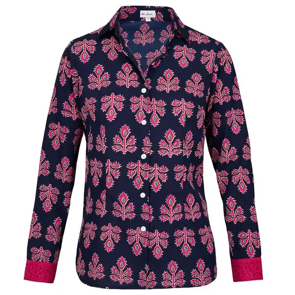 AT LAST... Mayfair Printed Shirt With Contrast Cuffs - Blue/pink
