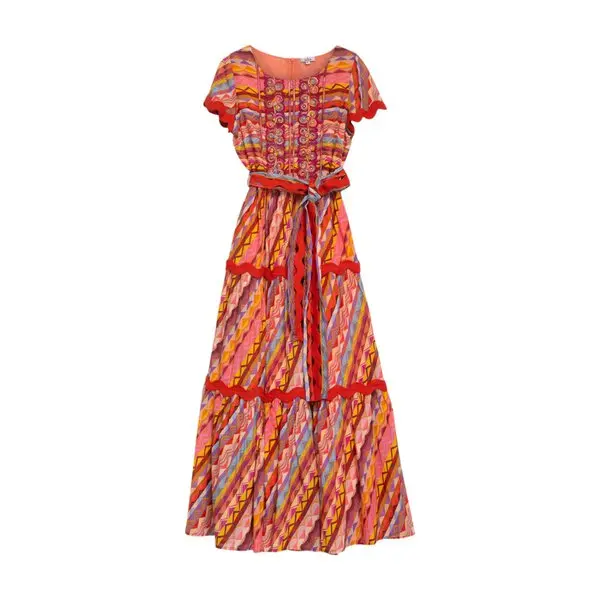 NIZA Multicolor Geometric Print Midi Dress With Bow And Embroidery - Red