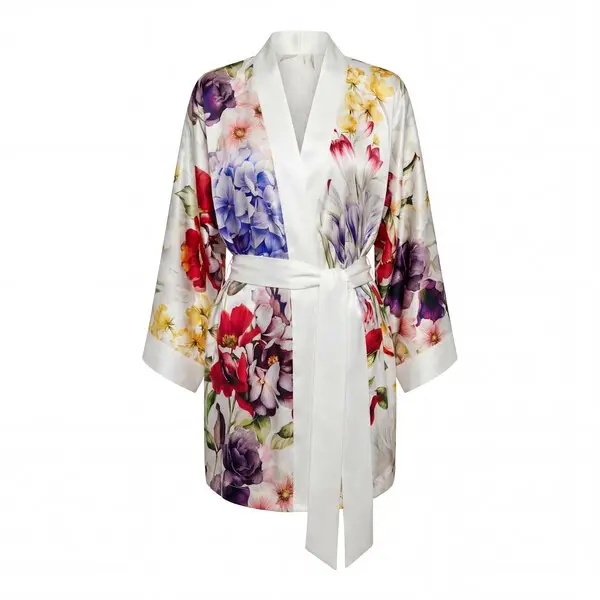 VIMISSIA Wild Bloom Short Silk Kimono Style Robe - White