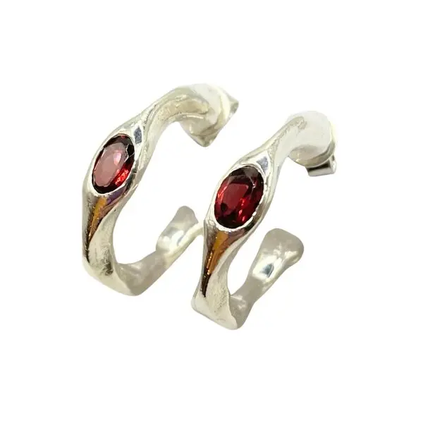 AMY DELSON JEWELRY Sterling Silver Garnet Hoop Earrings - Red/silver