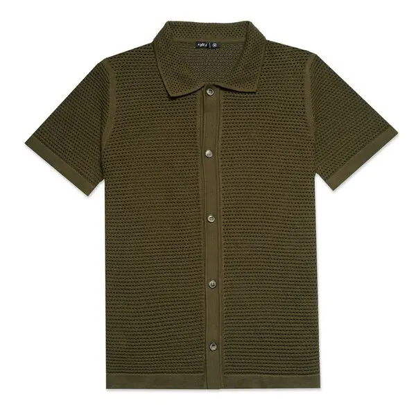 EIGHT X Neutrals The Docker Knit Button Up Short Sleeve Shirt Olive - Green