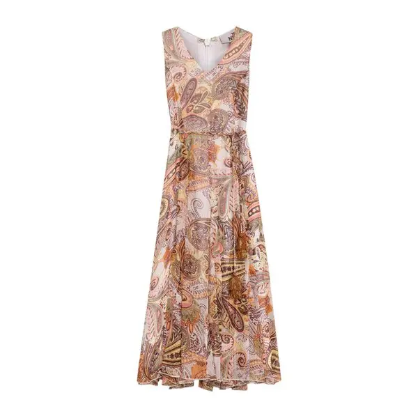 NIZA Long Paisley Print V-neck Dress With Belt - White/brown/orange