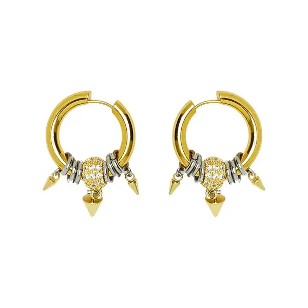 KIREI Gold Hoop Earrings With Cubic Zirconia And Spike Charms - Gold/silver