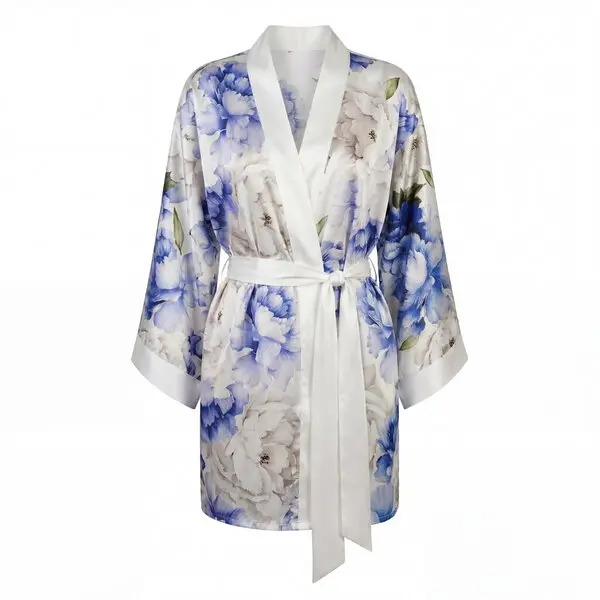 VIMISSIA Blue / White Peony Allure Short Silk Kimono Style Robe In Blue - Blue/white