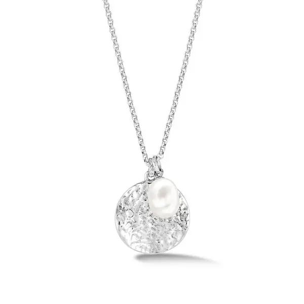 DOWER & HALL Hammered Disc & White Freshwater Pearl Pendant In Sterling - Silver