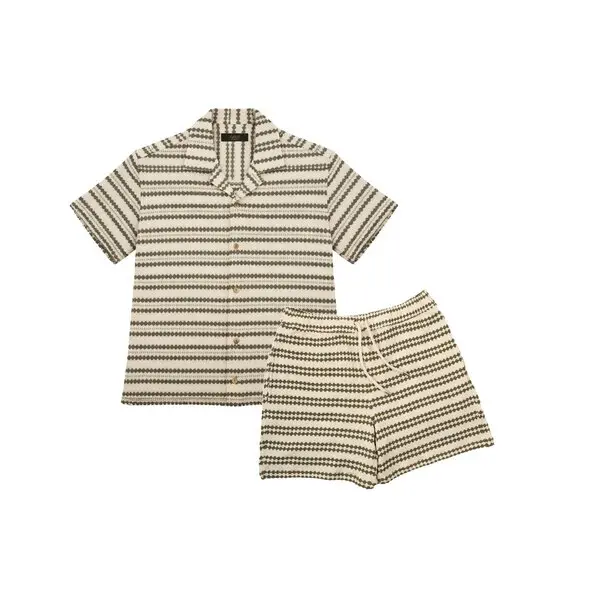 EIGHT X Textured Weave Stripe Short Sleeve Shirt And Shorts Set - Green