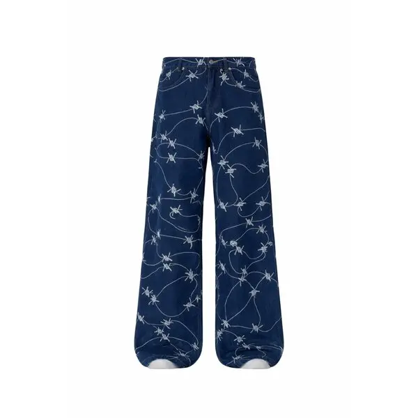 BORN IN EXILE Embroidered Denim Wide Leg Pants