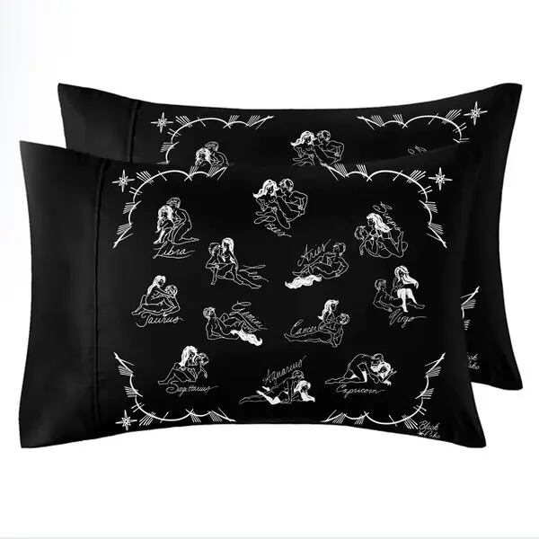 BLACK CAKE Organic Cosmic Love Zodiac Astrology Bedding Pillow Cases- Set - Black