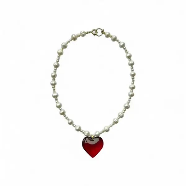 LARSUU Pearl Necklace With Heart Pendant - Red/white