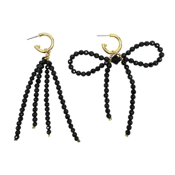 FARRA Obsidian Knot And Tassel Asymmetric Earrings - Black